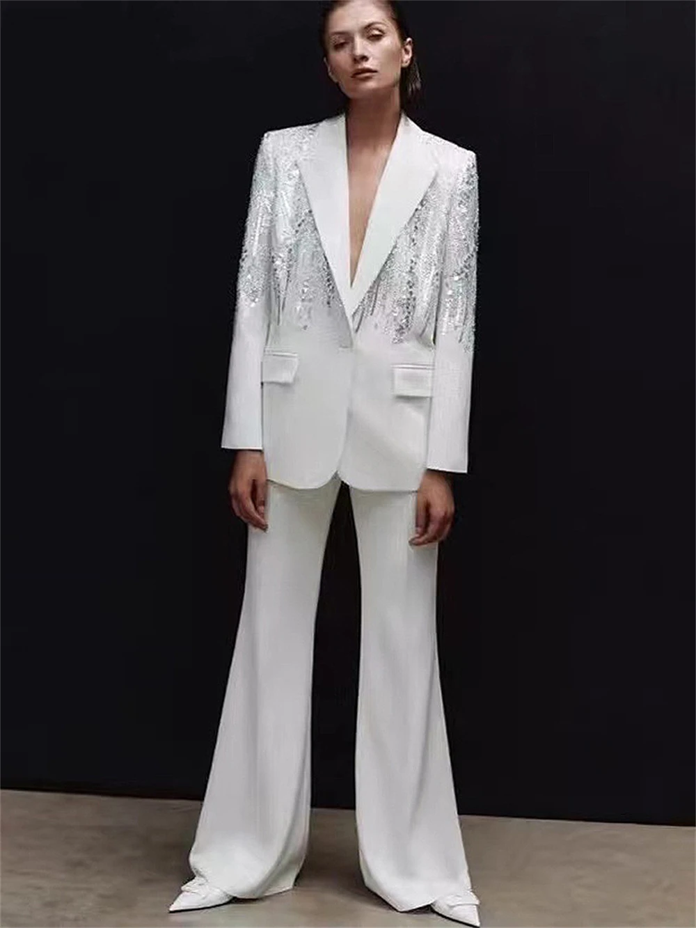 Conjunto-de-terno-com-lantejoulas-feminino-bot-o-nico-mangas-compridas ...