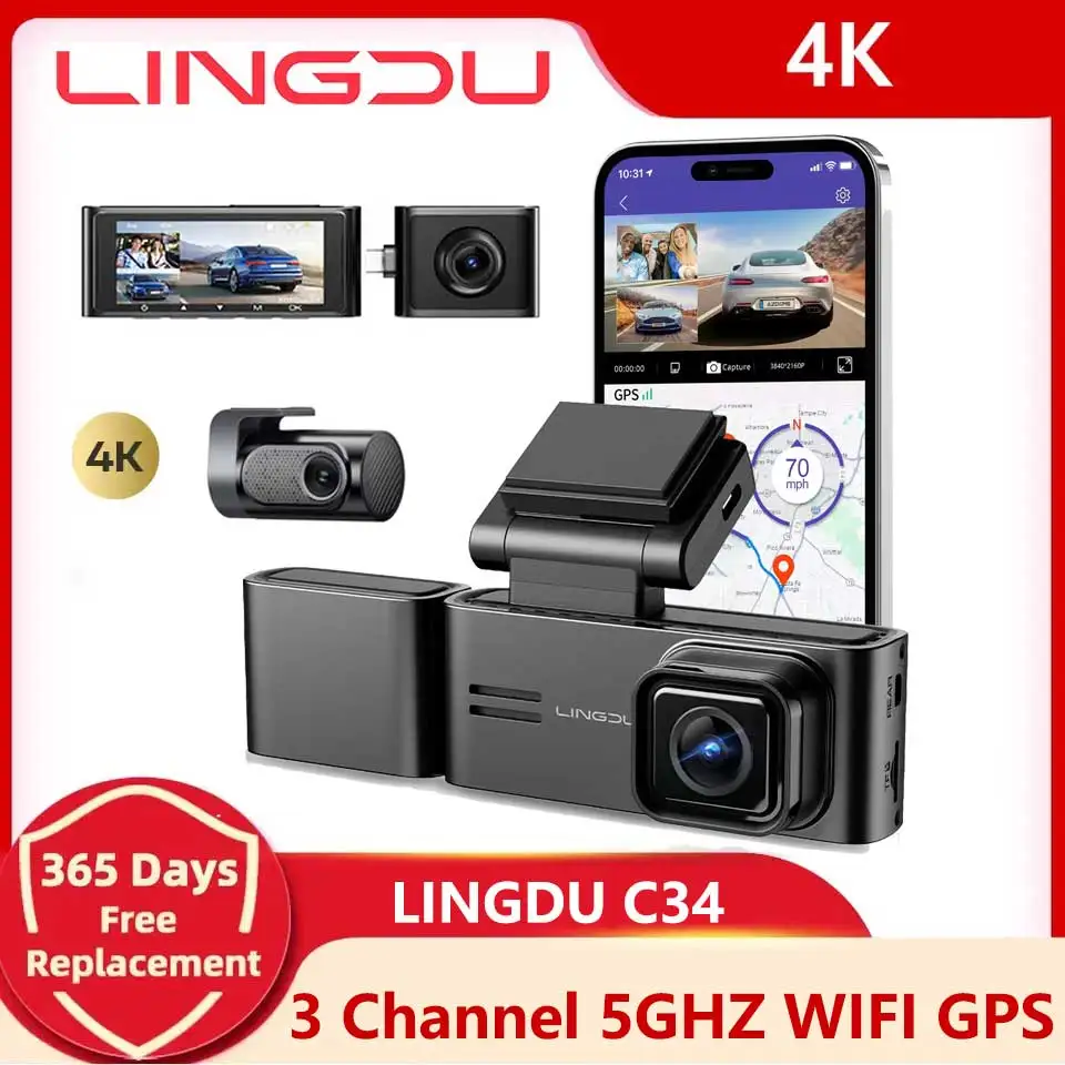 LINGDU-Dash-Cam-C34-3CH-4K-Car-DVR-3-Cameras-1080-Rear-Cam-Recording ...