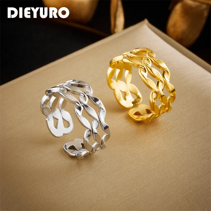 DIEYURO 316L Stainless Steel Geometric Wave Twist Adjustable Ring For Women Men New Vintage ...