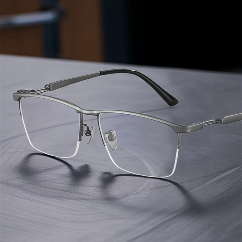 Pure-Titanium-Semi-Rim-Men-s-Eyeglasses-Business-Rectangle-Optical ...