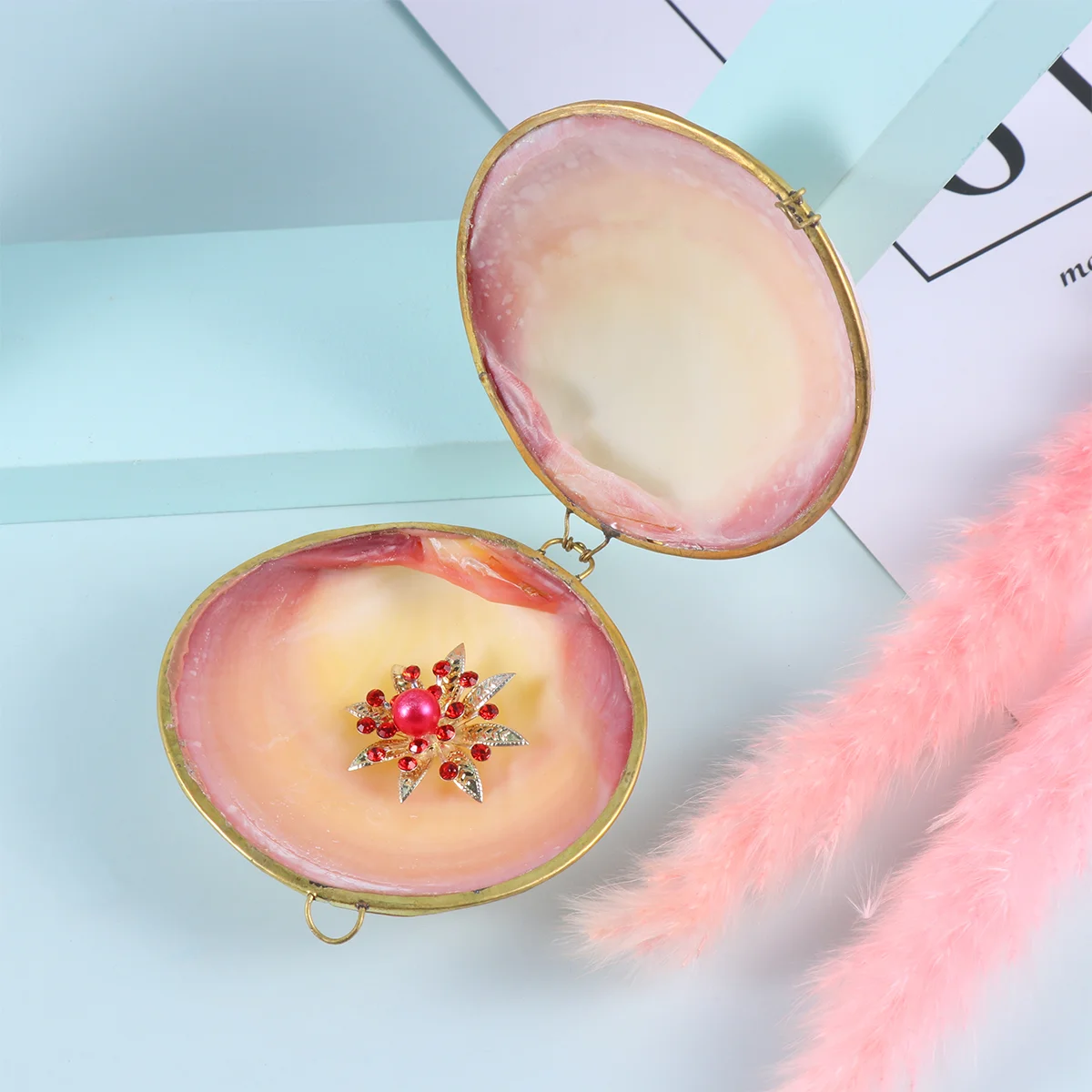 Gold-Trim-Jewelry-Shell-Case-Earring-Trinket-Box-Holder-Vintage ...