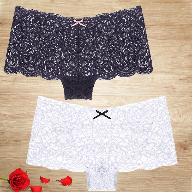 2Pcs Ladies Lace Seamless Underwear Mesh Floral Transparent Boxers Plus ...