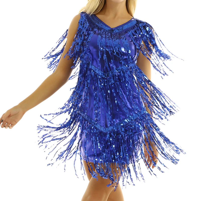 Women Salsa Latin Dance Dress V Neck Sleeveless Sparkling Sequins ...