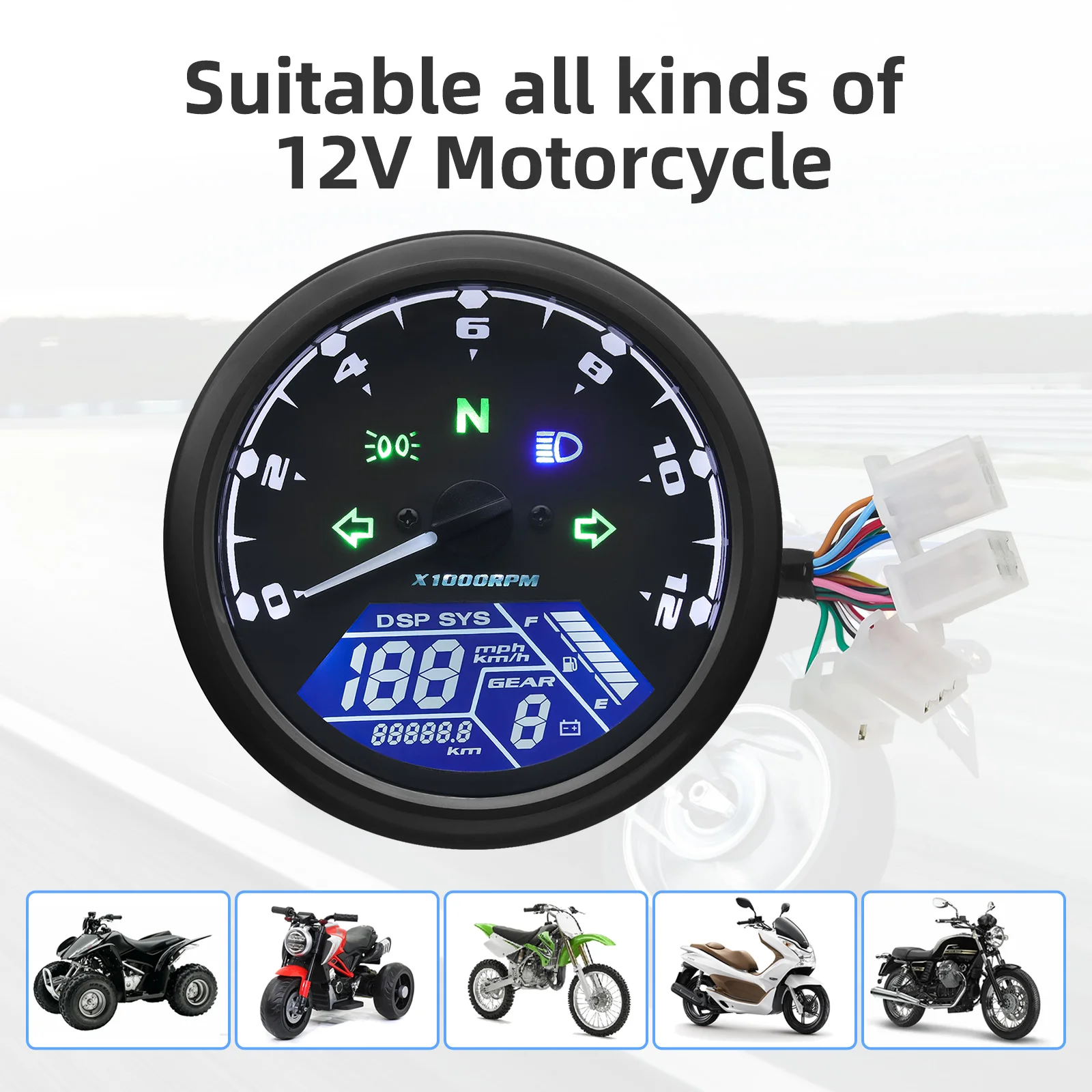 Generic Universal Digital Motorcycle Panel Moto Dashboard 12000rpm Kmh ...