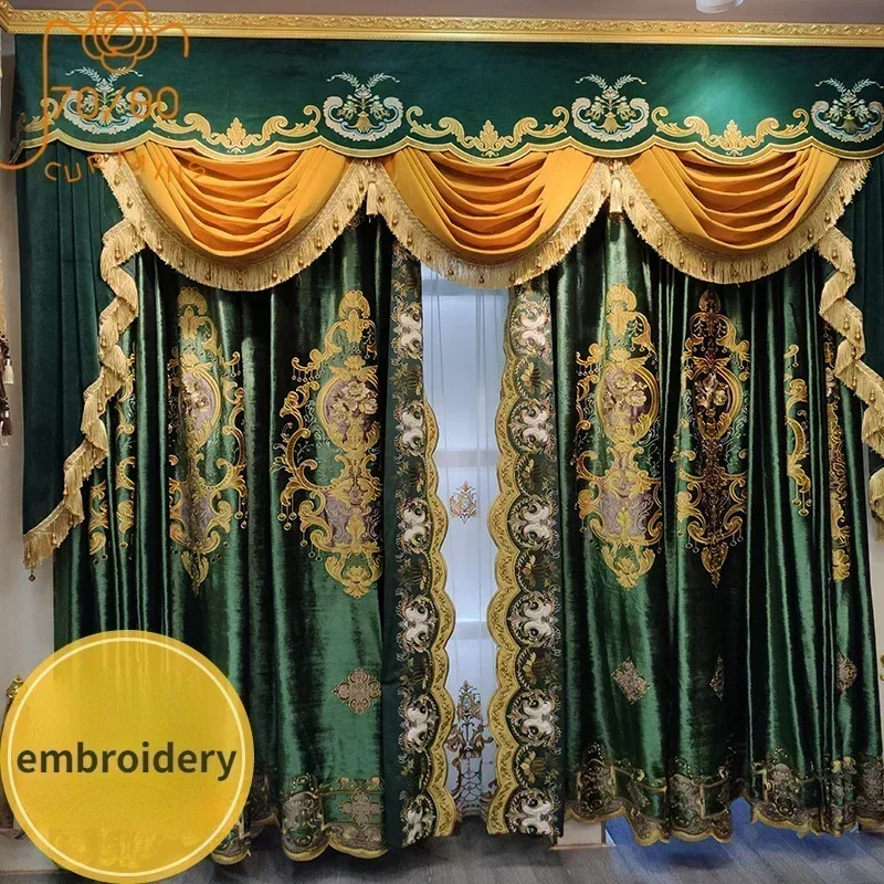 Retro-Palace-Style-Dark-Green-Velvet-Embroidered-Curtains-for-Living ...