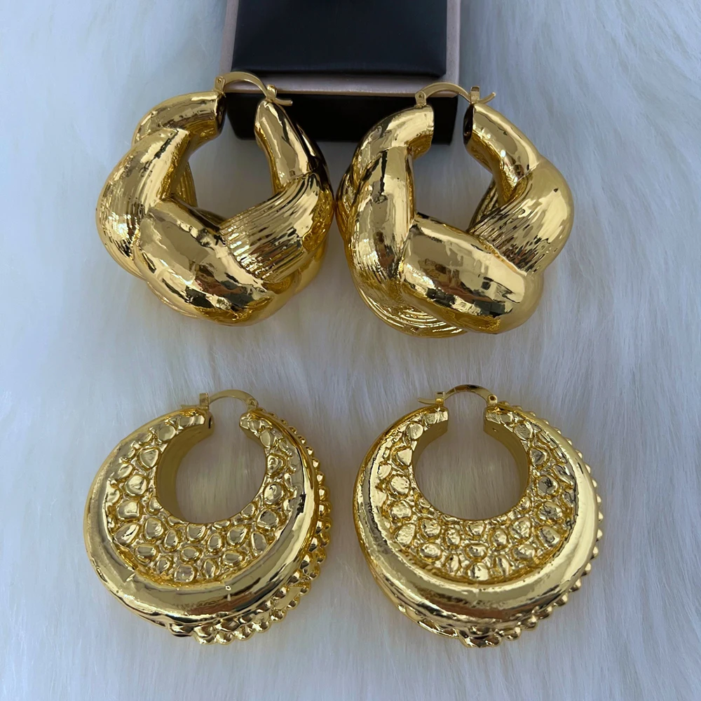 2 Pairs Women Dubai Gold Plated Earrings Gold Hoop Unusual Earrings ...