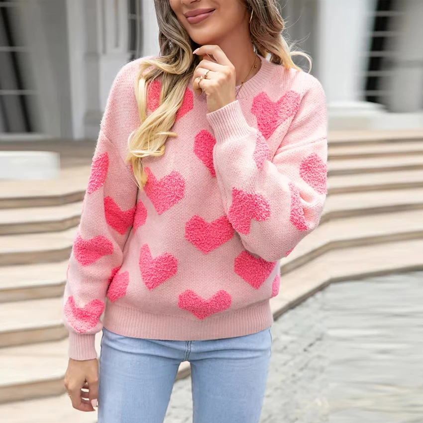 Valentine's Day Heart Sweater Women Kintted Crochet Jumper Y2k Tops E ...