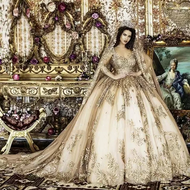 Champagne Gold Royal Wedding Dresses V neck Long Sleeves Arabic Dubai ...