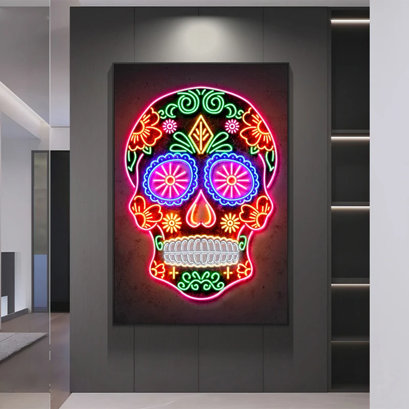 Neon Wall Art Day of The Dead Skull Canvas Painting Print Colorful ...