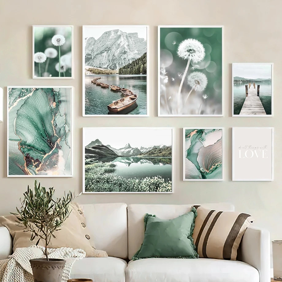 Scenery Picture Canvas Painting Wall Art Green Lake Dandelion Marble ...