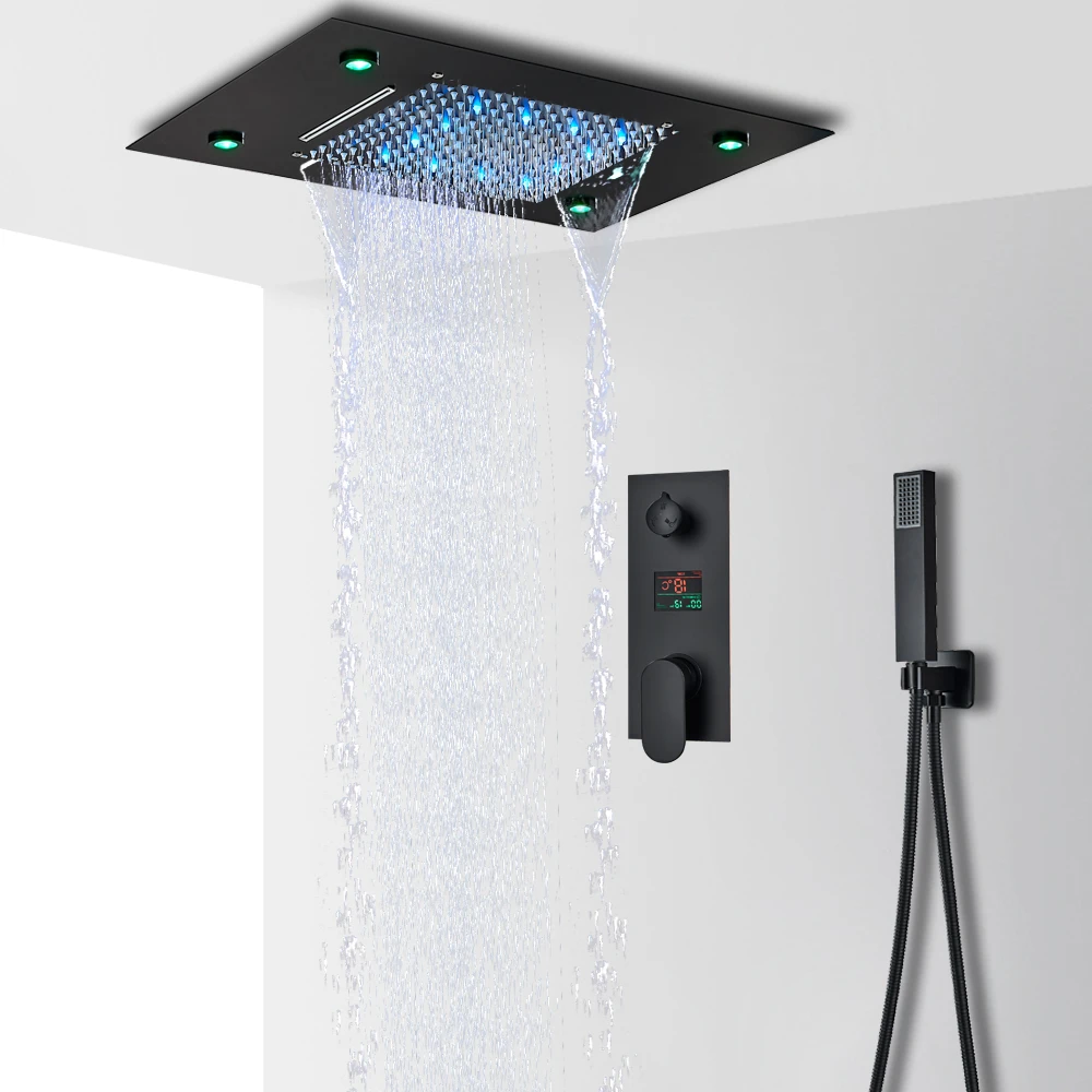 Black Led Digital Display Shower Faucet Set Rain Waterfall Bathtub ...