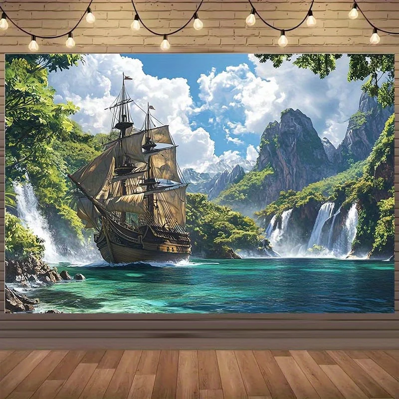 Pirate ship with ocean scenery background, featuring waterfalls ...