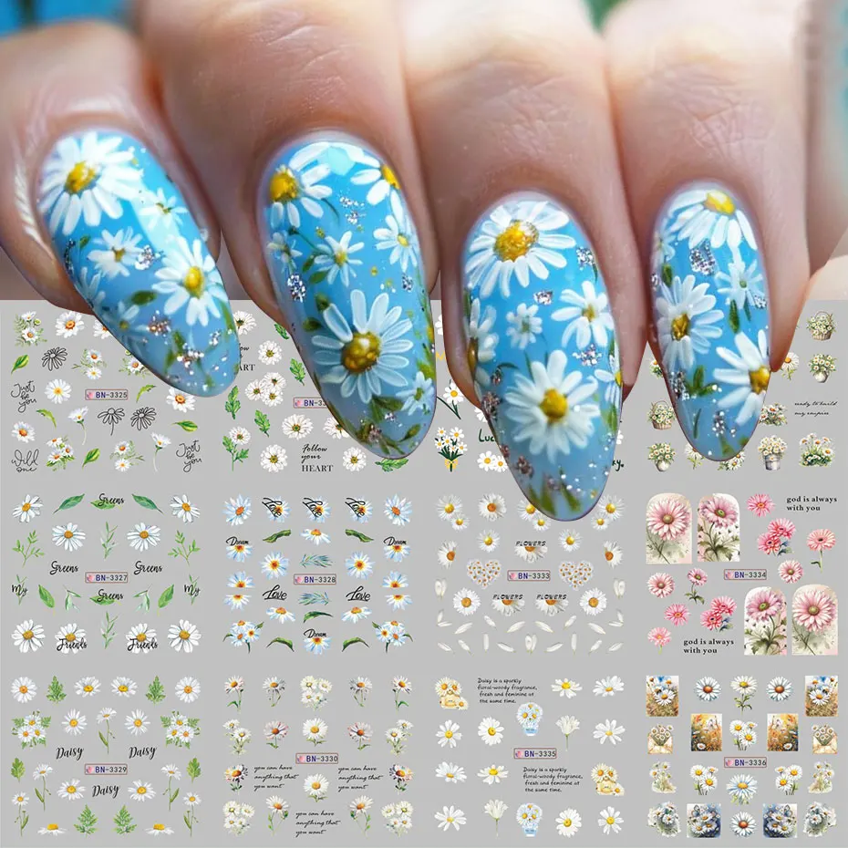 12 Style Daisy Flower Nail Water Stickers Set Cute Summer Floral Nail ...