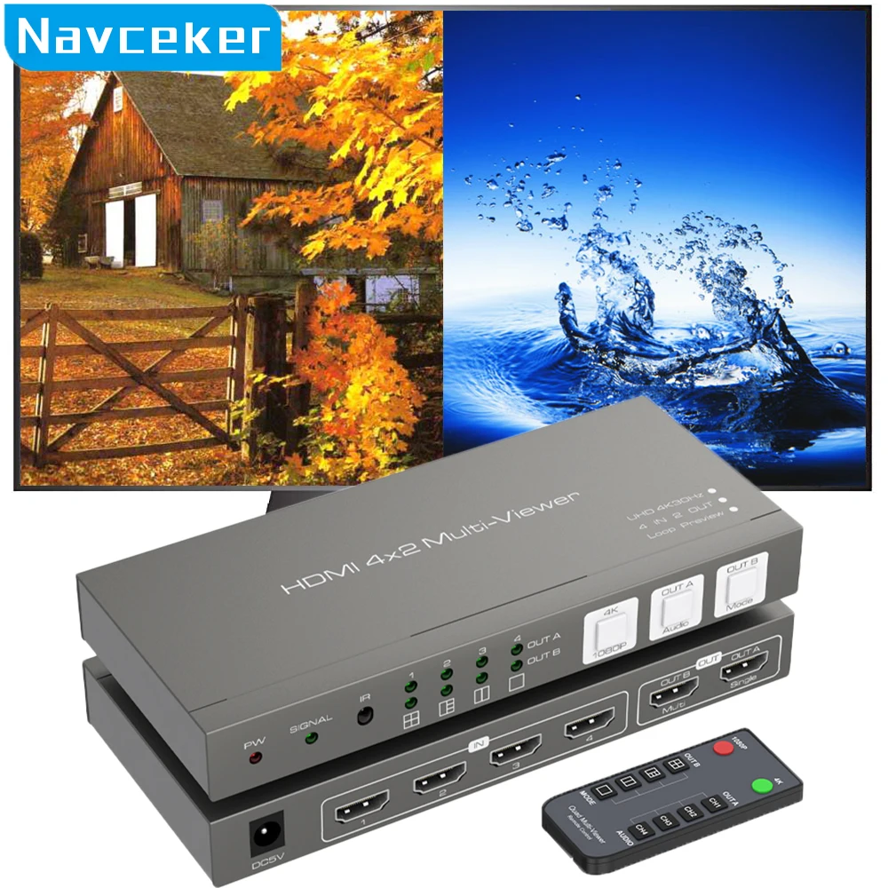 Navceker HDMI 4x2 Multi-viewer switcher 4K Seamless Quad Screen Multi ...