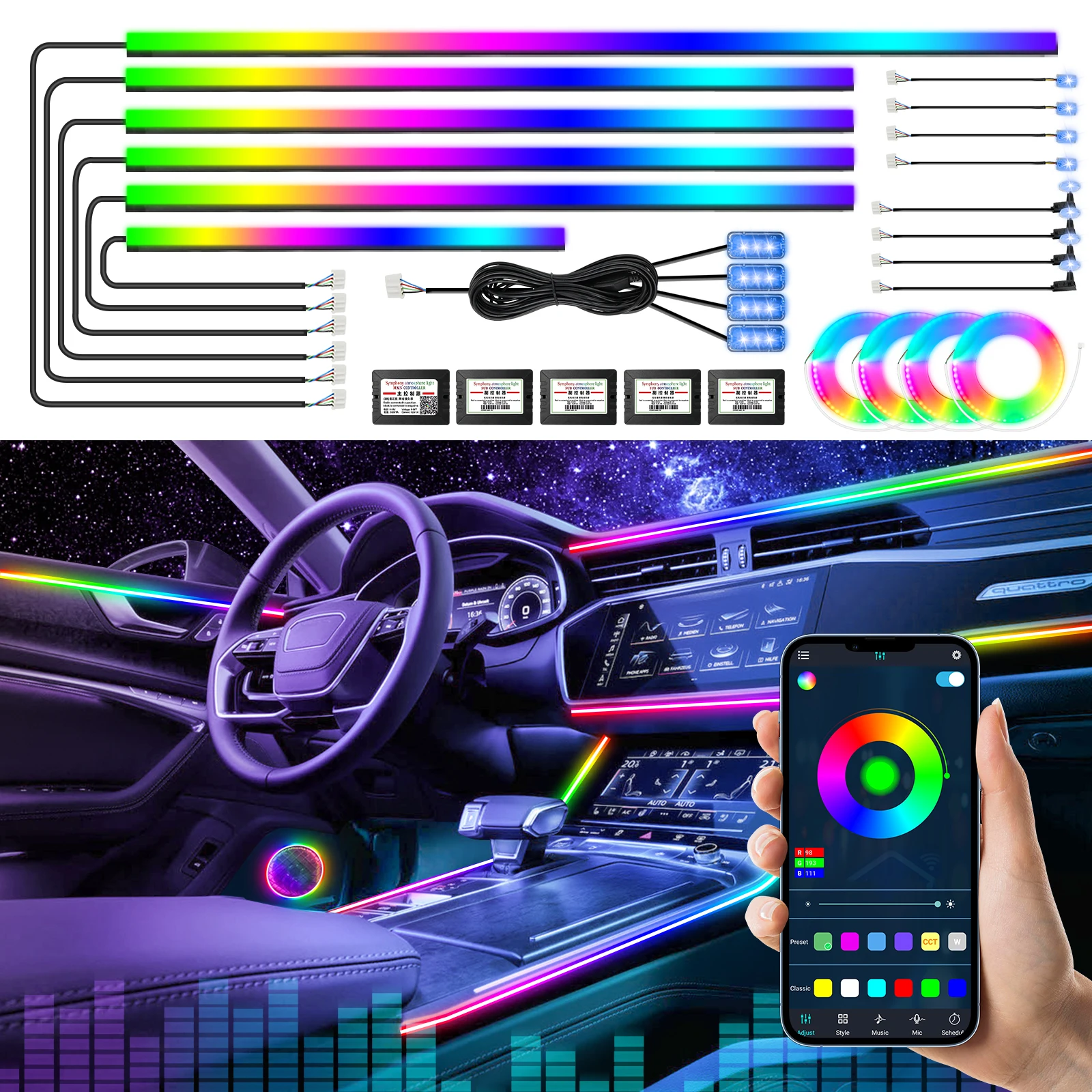 Symphony Car Luz Ambiente, RGB, 213 cores, Universal Car Interior LED ...