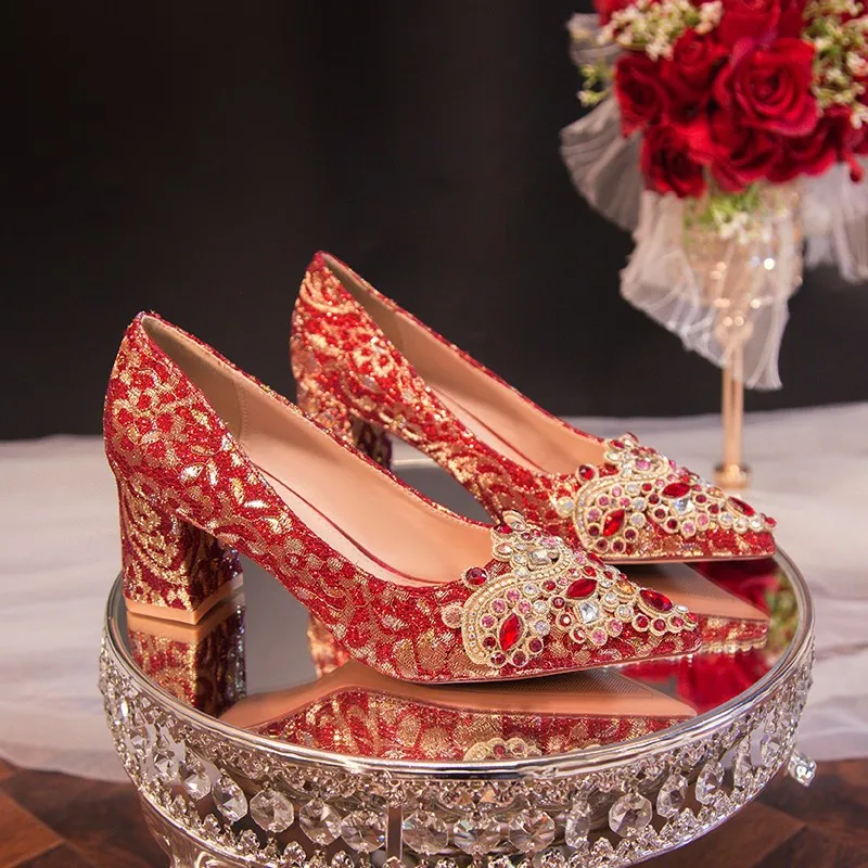 Rhinestone-pointed-thick-heels-women-s-high-heels-sequined-dresses-red ...