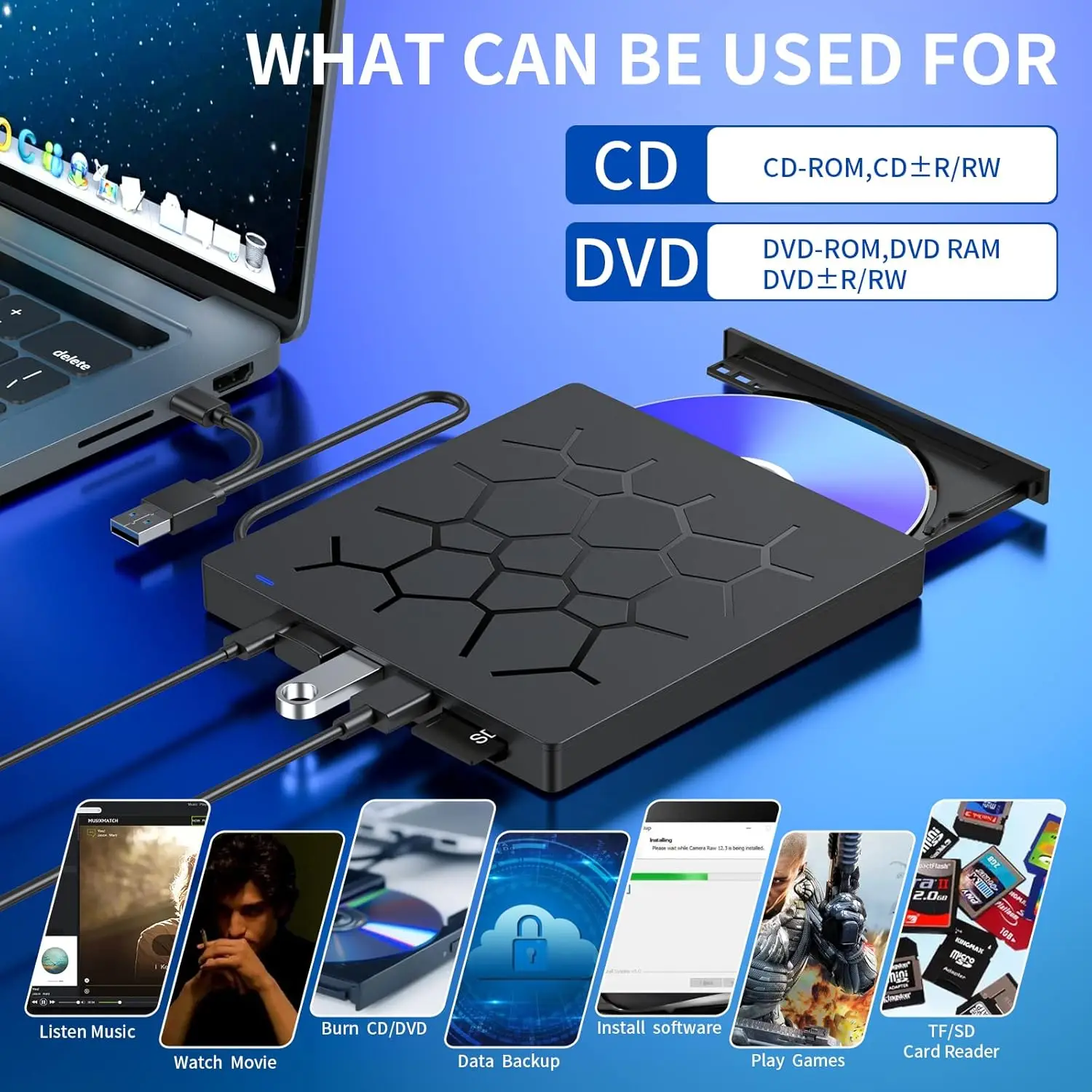 External CD DVD Drive,Ultra Slim CD Burner USB 3.0 with 4 USB Ports and ...