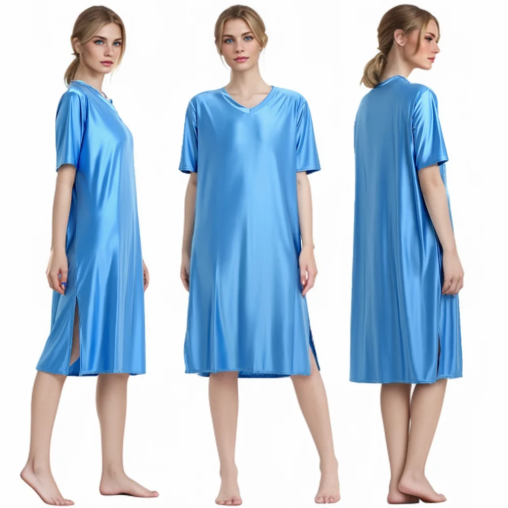 MJINM-Women-Silky-Oil-Smooth-Long-Dresses-V-Neck-Short-Sleeve ...