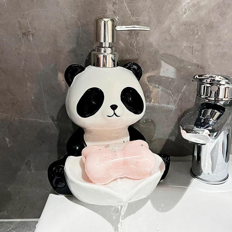 Cute Panda Ceramic Lotion Bottle Soap Box Dual Purpose Drainable Hone ...