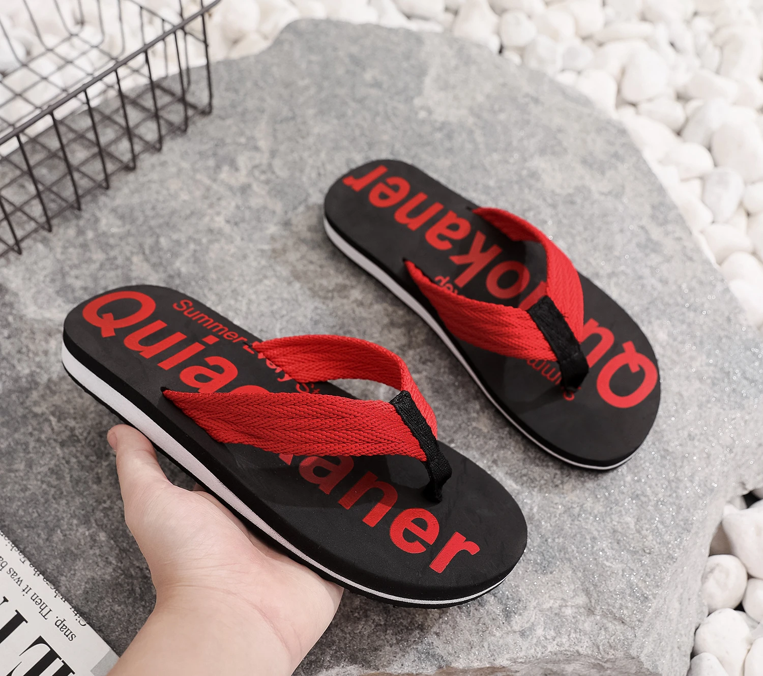 Summer Men Flip Flops Non-slip Beach Sandals Male Letter Grain Outdoor ...