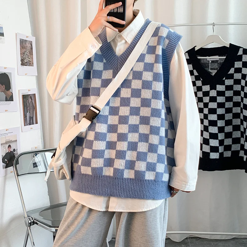 Men Knitted V Neck Japanese Vintage Loose Sleeveless Plaid Vests Chic ...