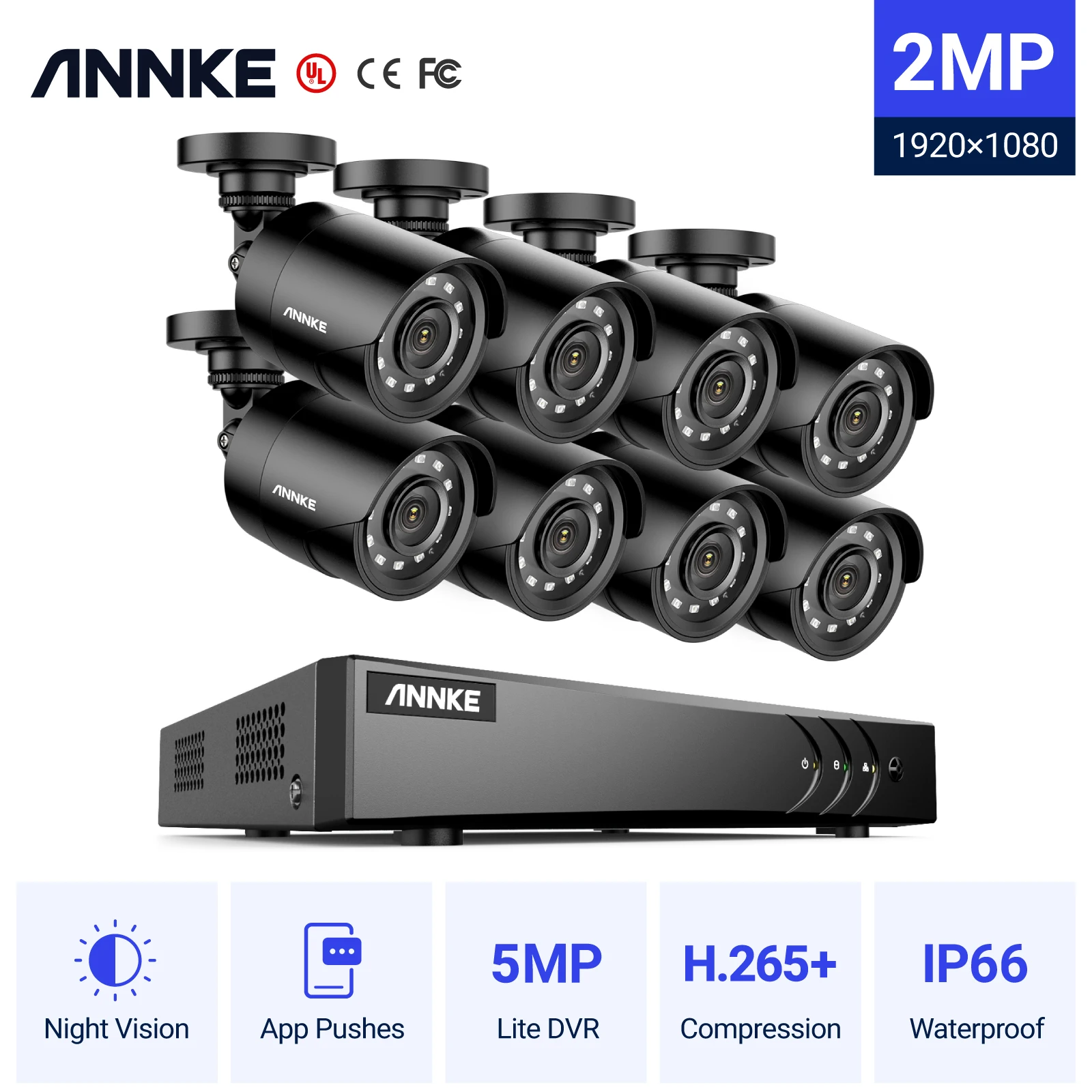 ANNKE 8CH 2MP HD Video Security System 5in1 5MP Lite H.265+ DVR With 8X ...