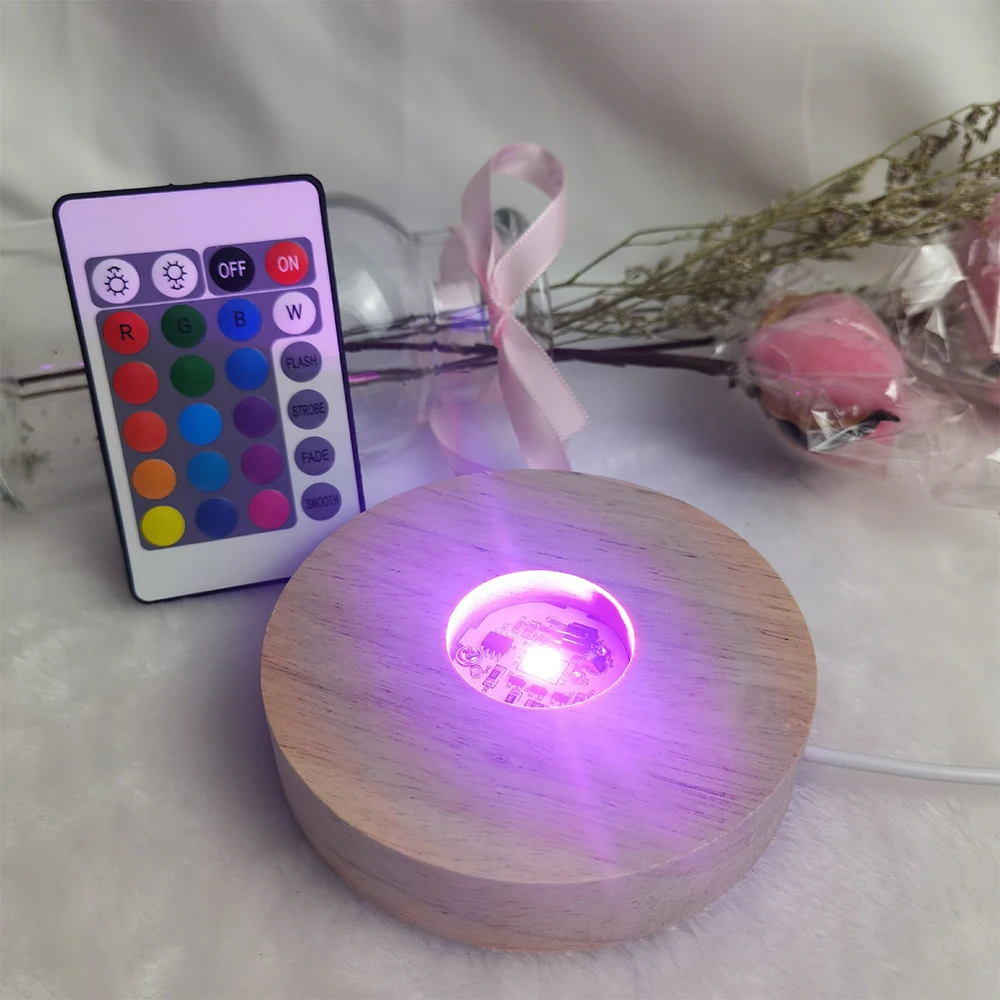 Round-Luminous-Light-Base-USB-Power-Remote-Control-Wooden-LED-Light ...