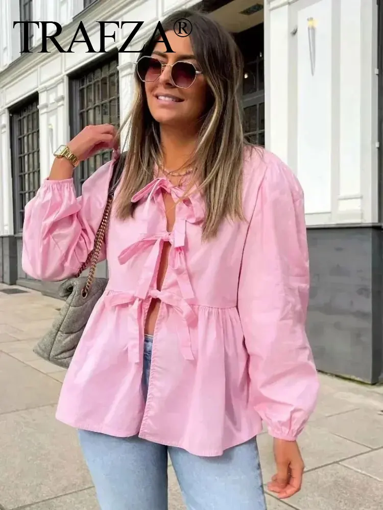 TRAFZA-Shirts-For-Women-Elegant-Front-Bow-Tie-Pink-Blouse-Top-Puff ...