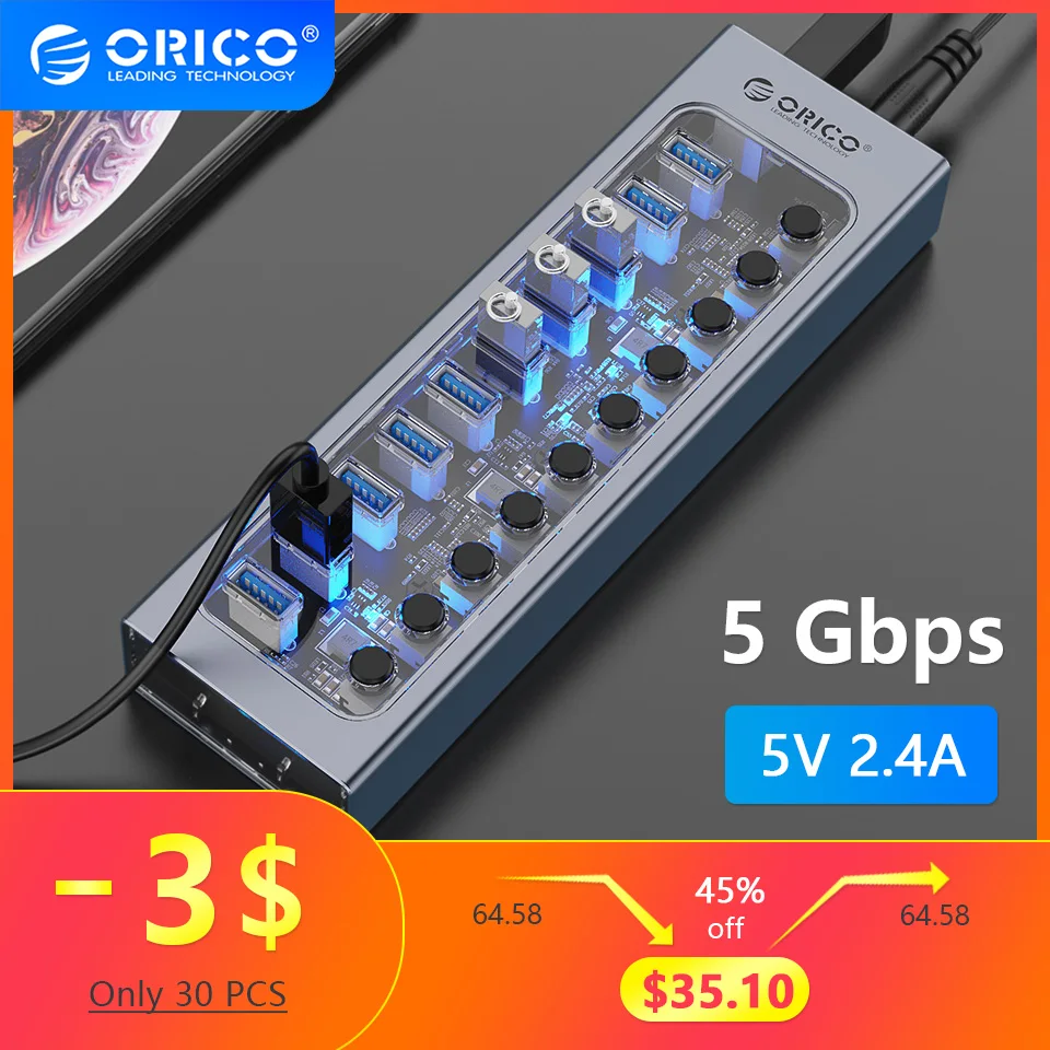 ORICO Industrial 7/10 Port USB 3.0 Hub Multiple Expander Socket Splitter On/Off Key Switch Dock ...