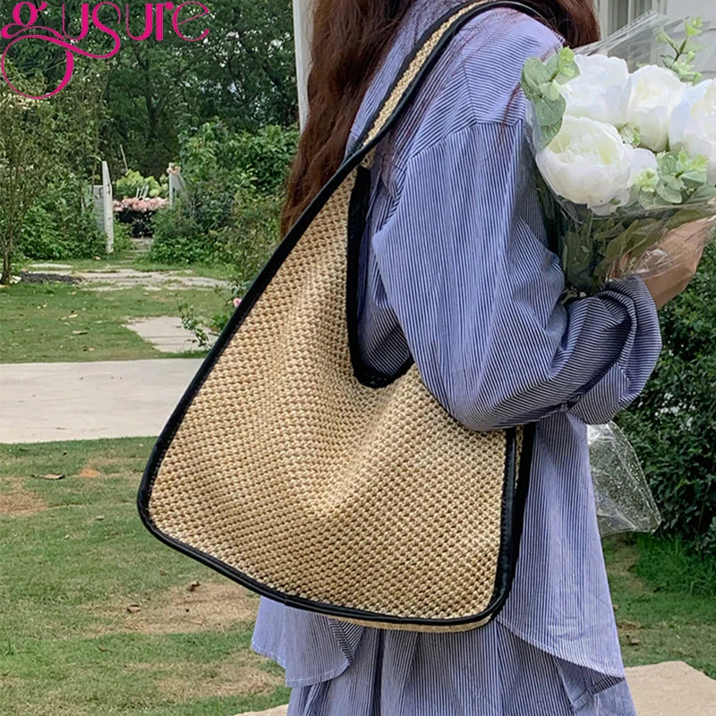 Gusure 여름 여행 밀짚 가방 대용량 핸드백 여성 쇼핑 토트 패셔너블 우븐 할로우 디자이너 비치 백 티몬