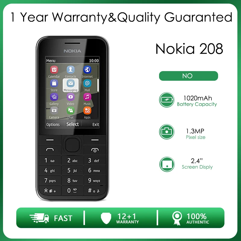 Nokia 208 Original 2.4 inches 1.3MP 1020 mAh Mobile Phone 64MB Dual SIM ...
