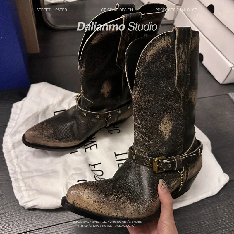 Botas-vaqueras-bordadas-para-mujer-botines-de-media-pantorrilla-con ...