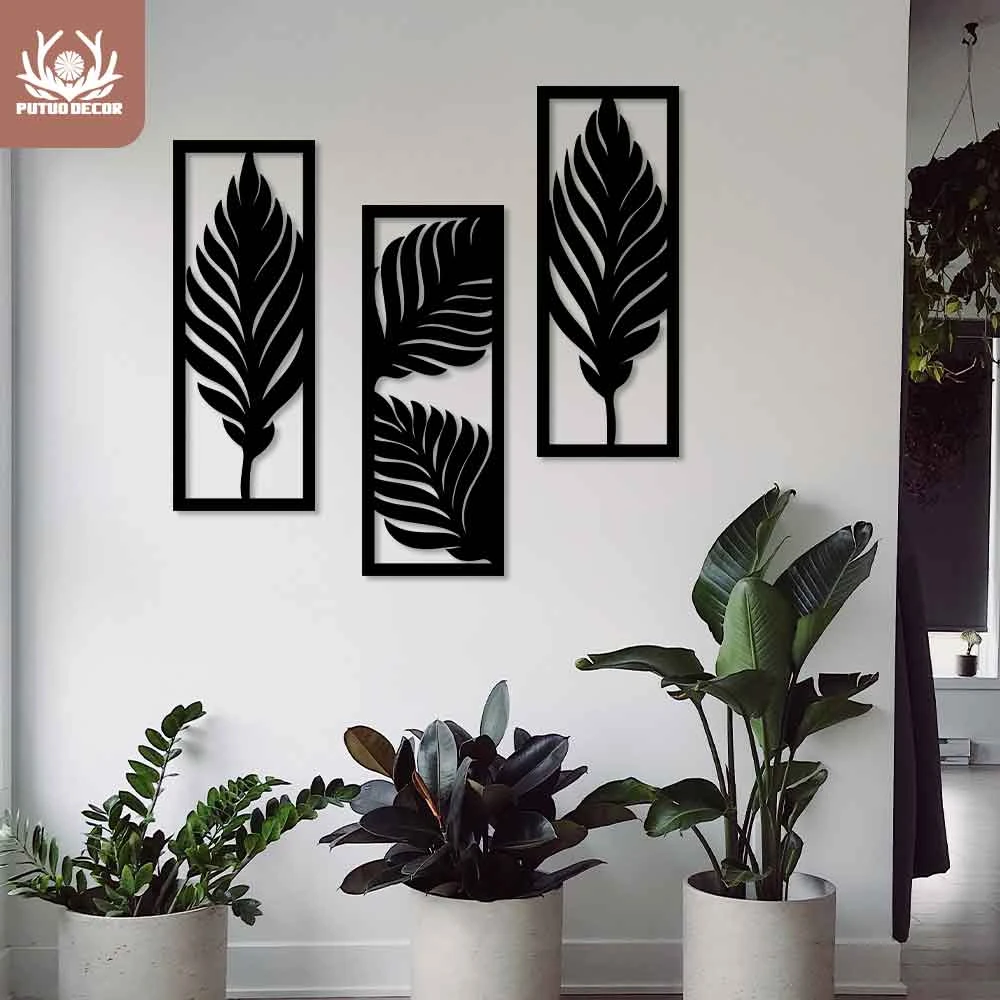 Putuo Decor Wooden Tropical Leaves 3pcs Black Plaque Modern Home Wall ...