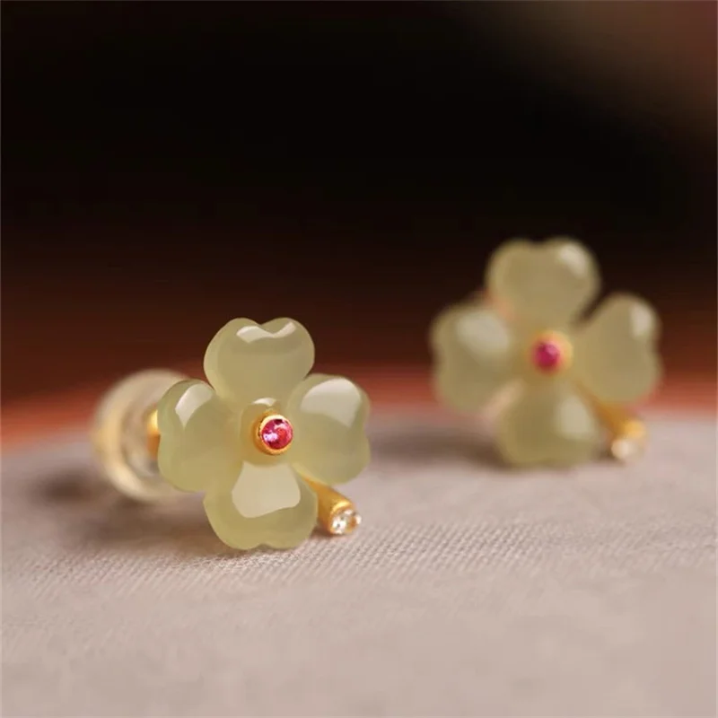 Classic Jade Clover Flower Earrings For Women Jewelry Top Quality 925 ...