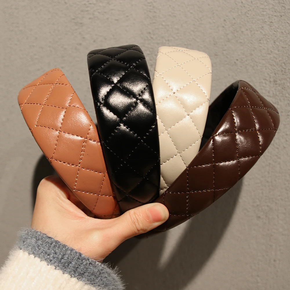 Hair-Band-Pu-Leather-Checkered-Pattern-Headband-Elegant-Padded ...