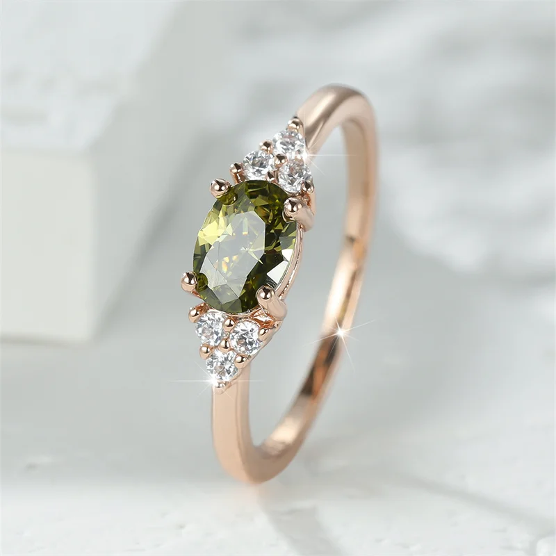 Simple-Small-Olive-Green-Stone-Ring-Rose-Gold-Color-Oval-Zircon ...