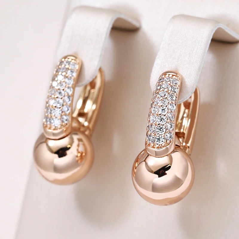 Kinel New Glossy Ball Dangle Earrings For Women 585 Rose Gold Hang Ear ...