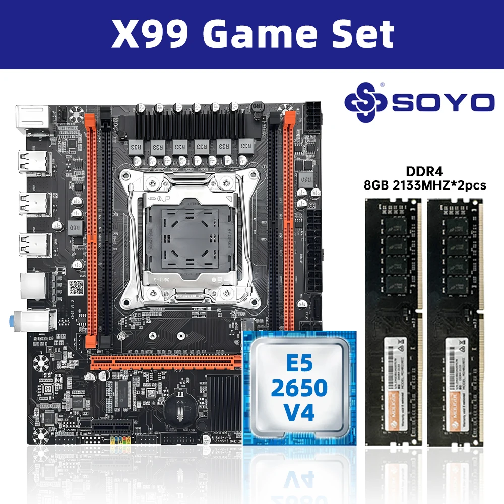 SOYO X99 마더보드 세트 키트 인텔 LGA2011-3 제온 E5 2650 V4 및 DDR4 16GB (2*8GB ...