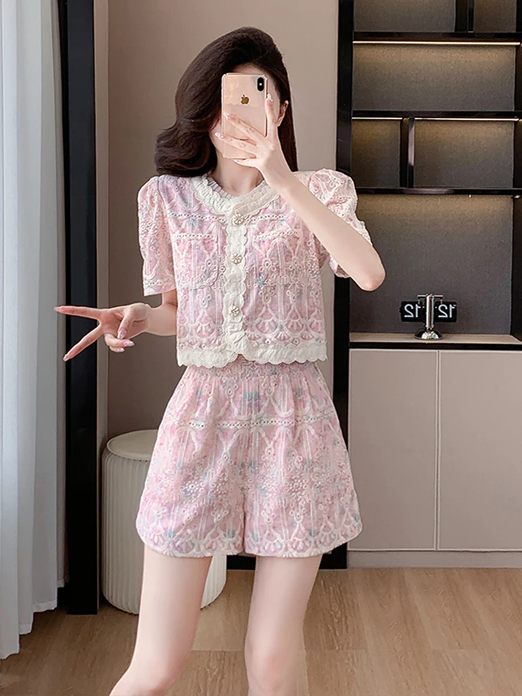 High Quality Pink Flower Embroidery Lace Two Piece Set For Women Jacket ...
