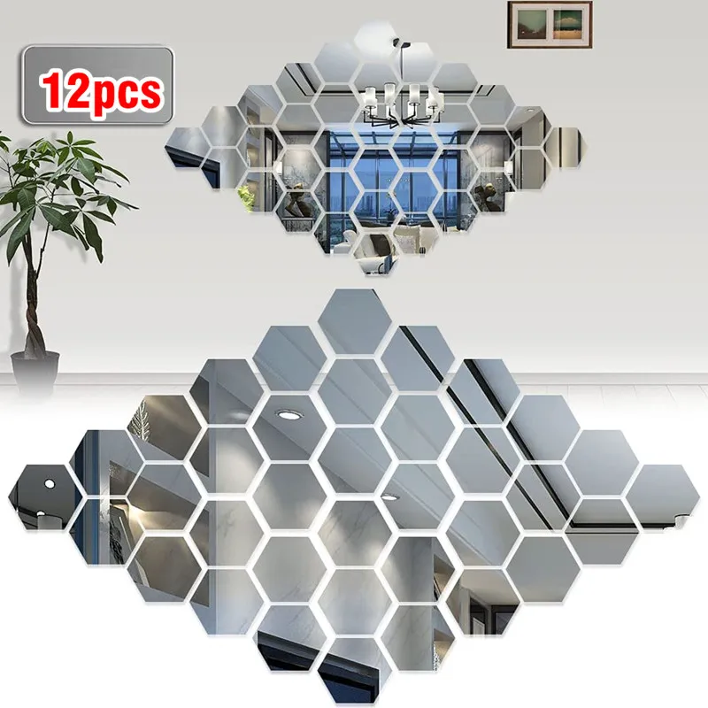 Multi-Size-12pcs-Removable-Acrylic-Mirror-Setting-Hexagon-Wall-Sticker ...