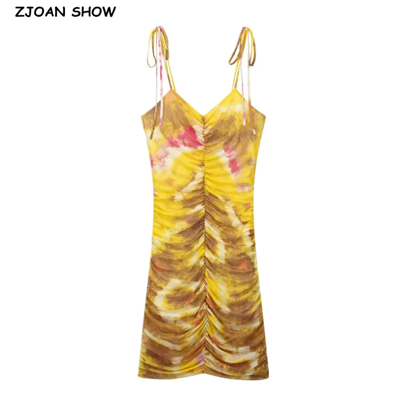 2023 Sexy Yellow Gradient Tie Dye Print V Neck Bow Lacing Up Sling Mini