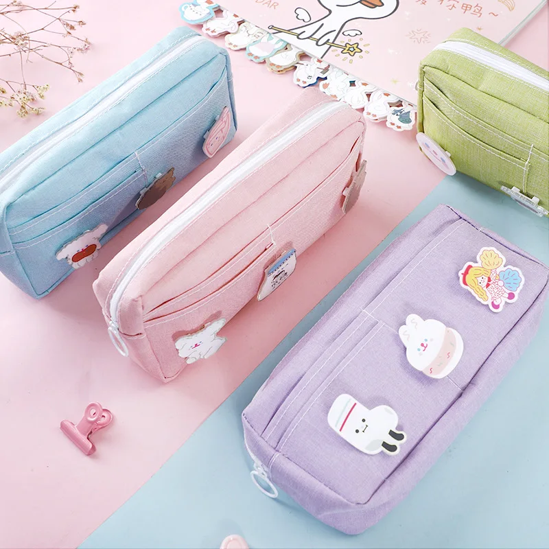 Kawaii Pink Canvas Pencil Case Cute Animal Badge Purple Large School ...