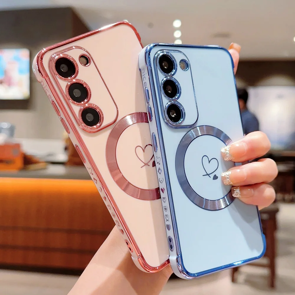 귀여운 더블 러브 하트 맥세이프 마그네틱 케이스, 삼성 갤럭시 S23 S22 울트라 플러스 S21 S20 FE 도금 소프트 실리콘 커버| | - AliExpress