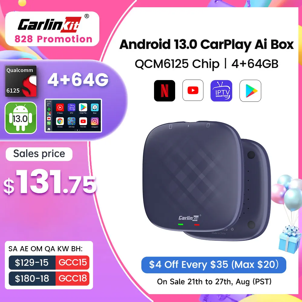 Carlinkit CarPlay Ai TV Box Plus Android13 8 + 128GB QCM 8-Core 665 6125 لاسلكية كاربلاي أندرويد ...