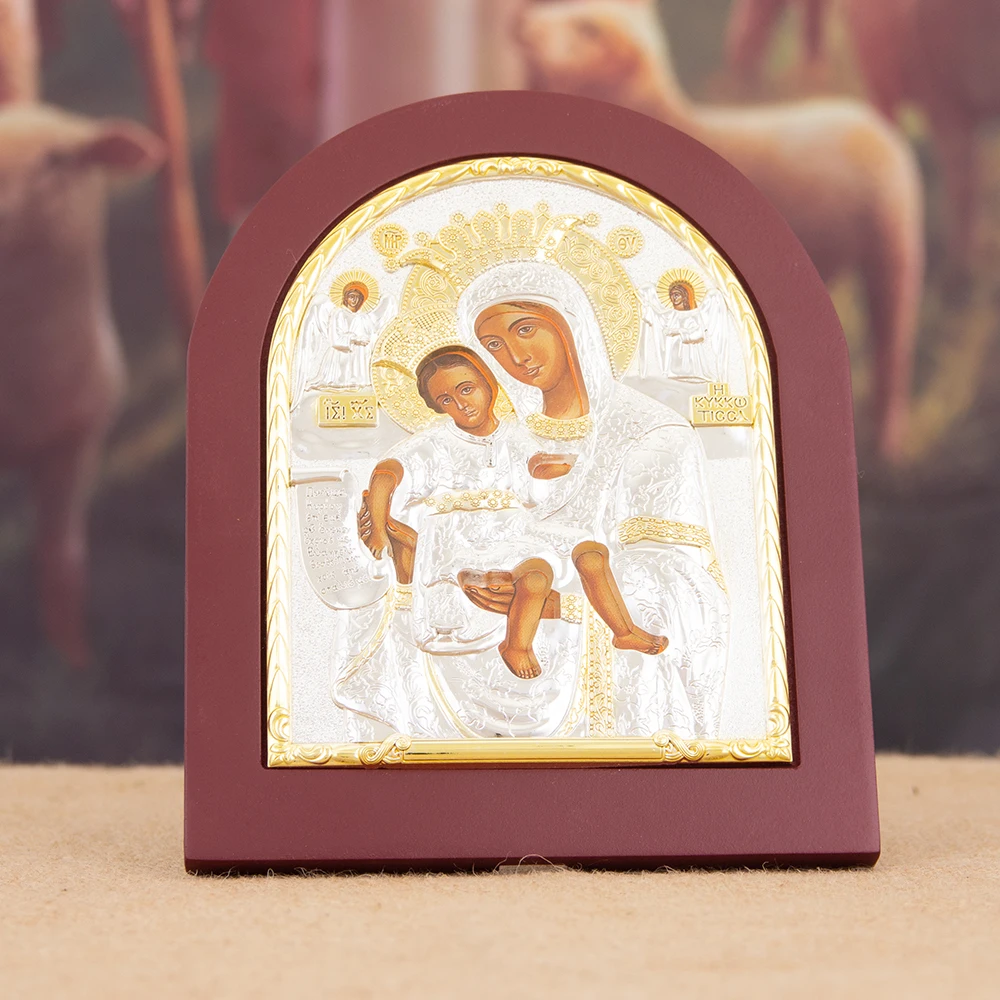 Red Border Gold Silver Orthodox Virgin Mary and Child Icon Hand-Painted ...
