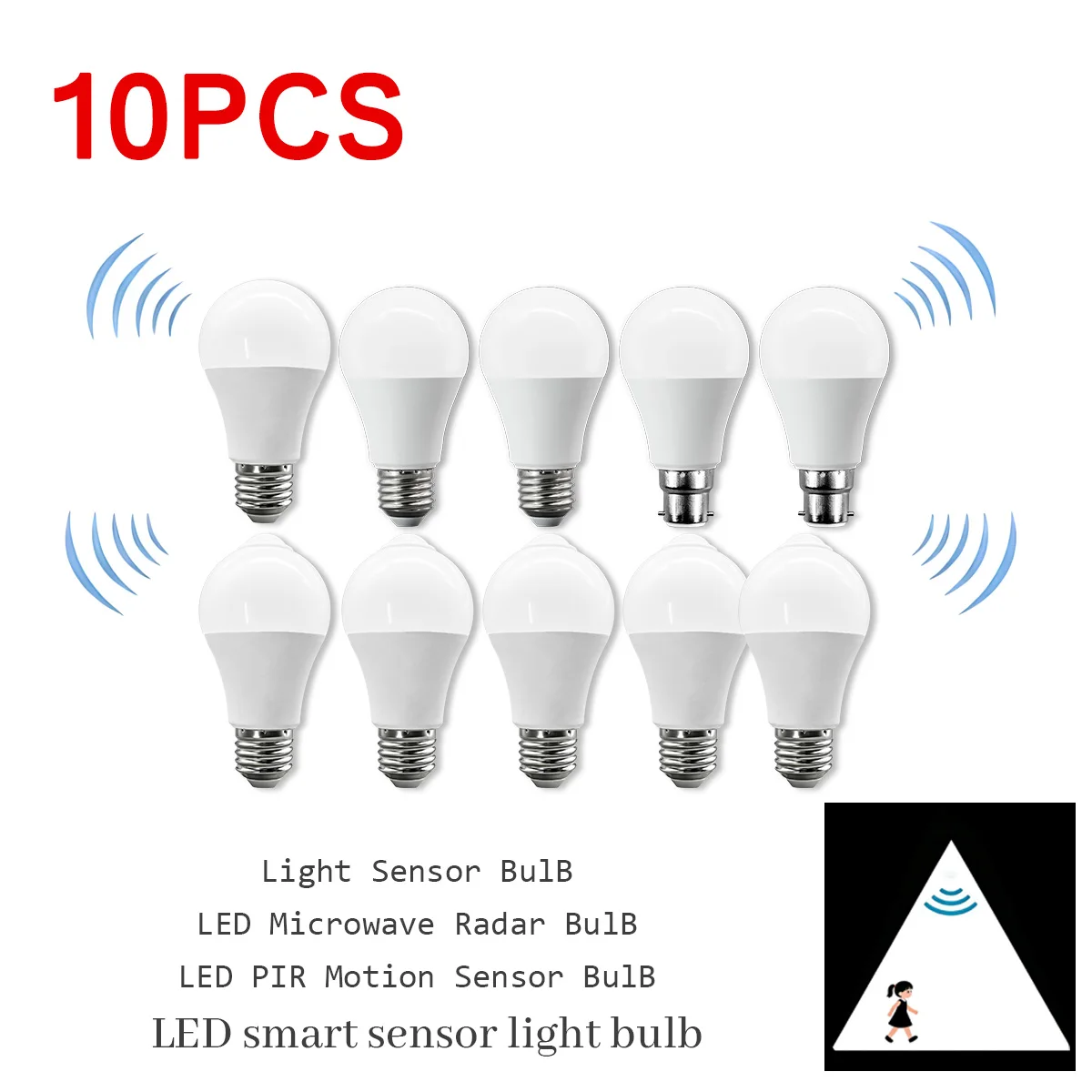 10PACK E27 B22 10W PIR Radar Motion Sensor LED Bulb AC100-240V Infrared ...