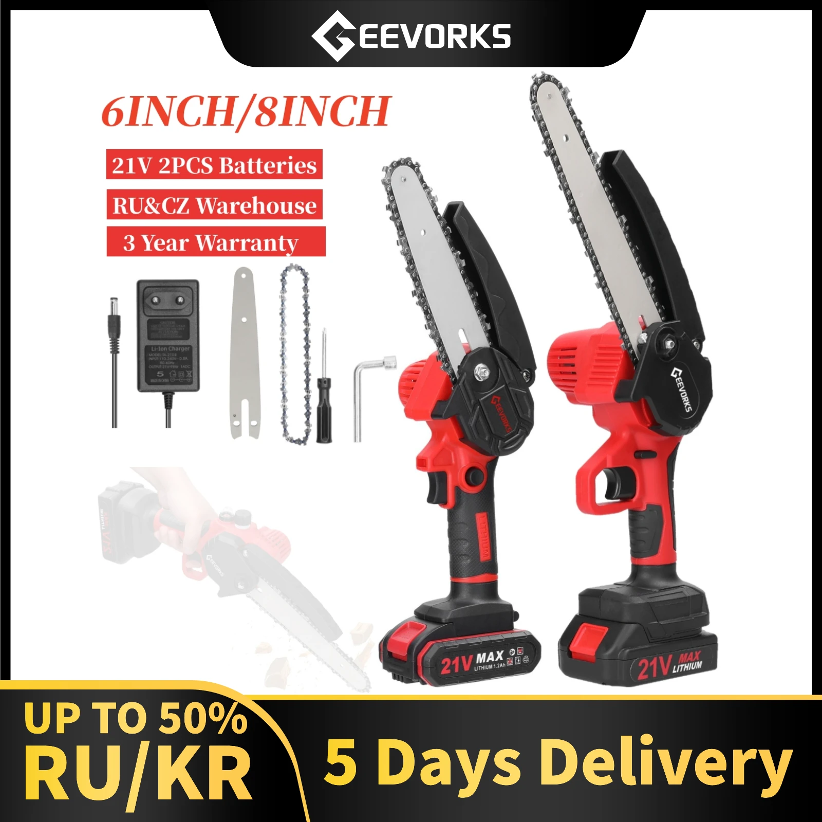 Geevorks 6inch/8inch Electric Mini Chain Saws Pruning ChainSaw Cordless ...