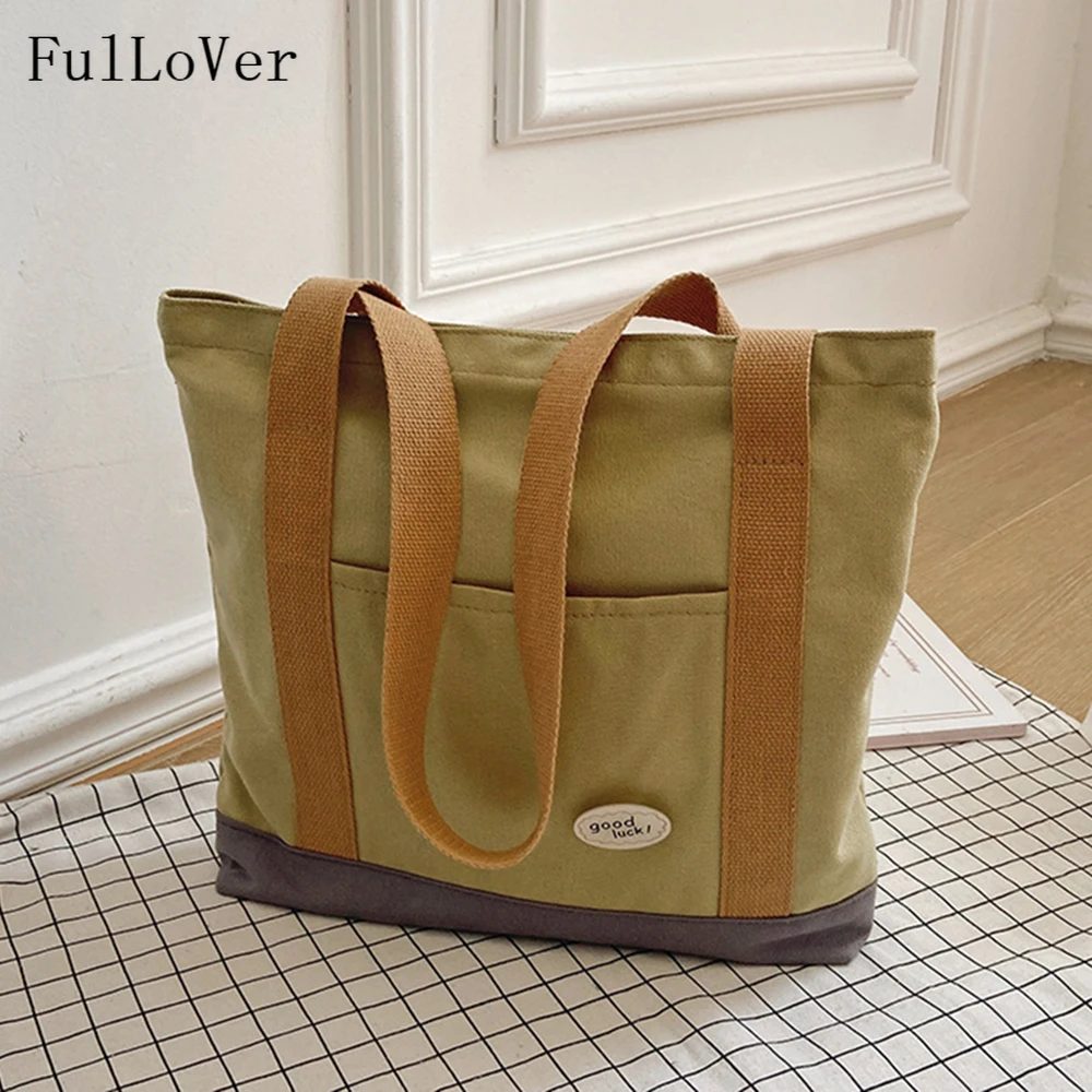 Women-Canvas-Shoulder-Bags-Simple-Class-Handbags-Plain-Color-Stitching ...