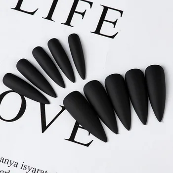 100Pcs/Box Black Matte False Nail Tips Reusable French Sharp End ...