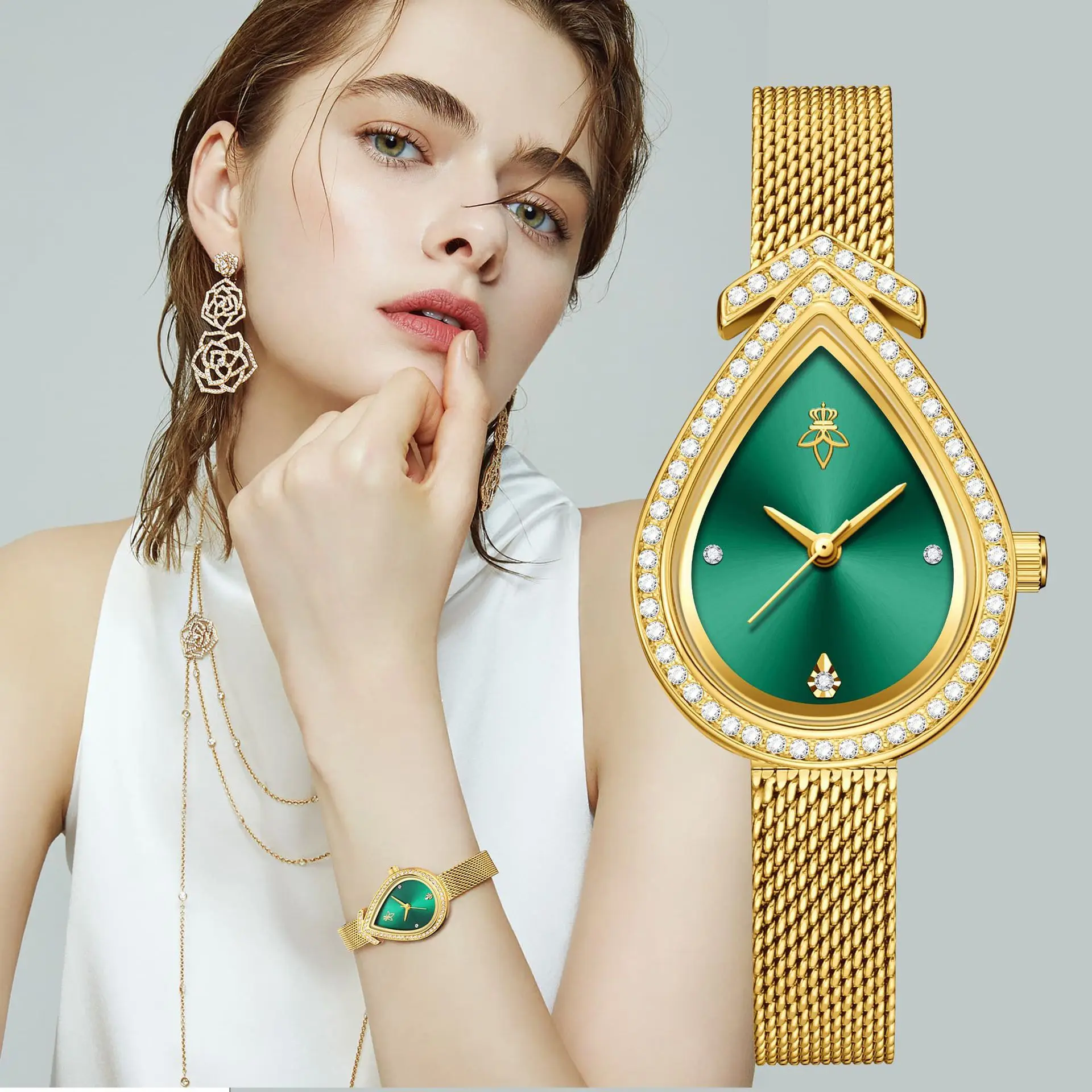 Elegant ladies watch teardrop-shaped women's watch, gold mesh strap ...